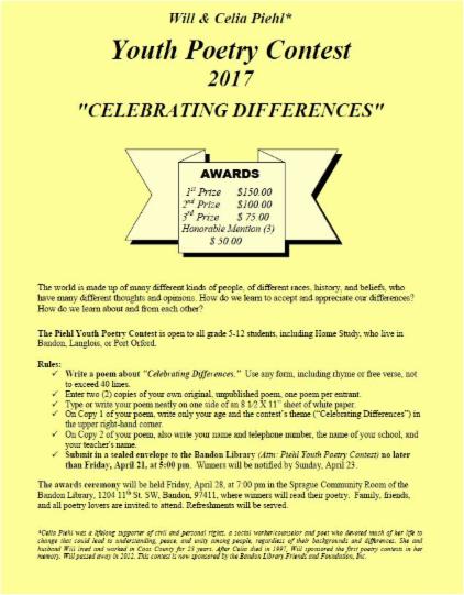 Celia Piehl Youth Poetry Contest – 2017 – Bandon Library Friends and ...